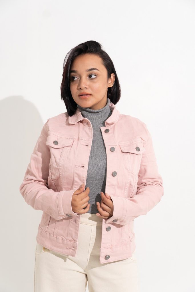 Women's Pink Washed Denim Cropped Jacket - Fashion at your Fingertips!
